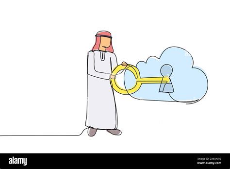 Single Continuous Line Drawing Arab Businessman Putting Big Key Into