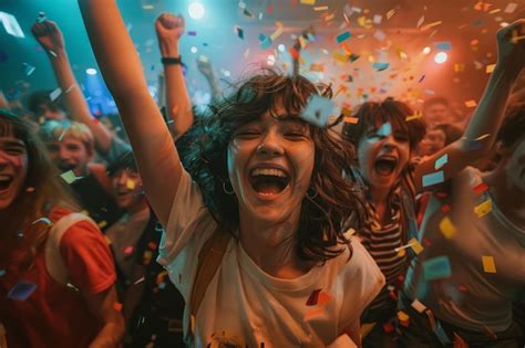 Premium Photo Excited Young Woman Celebrating With Joy At A Festive Party With Crowd And Confetti