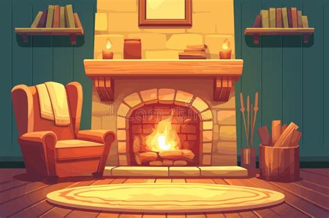 Cartoon Cozy Fireplace In The House With Furniture Armchairs And
