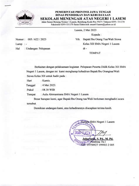 Undangan Pelepasan Kelas Xii Untuk Orang Tua Wali Siswa Pdf