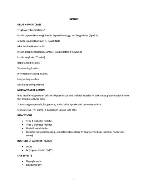 Insulin Education Sheet 1 Insulin Drug Name And Class High Alert