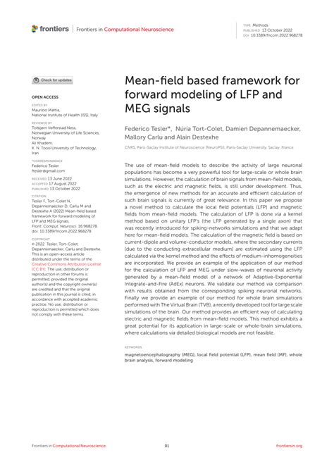 Pdf Mean Field Based Framework For Forward Modeling Of Lfp And Meg Signals