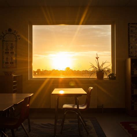 Golden Hour Sunset View Through Classroom Window Stock Illustration