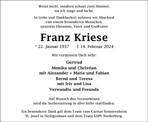 Traueranzeigen Von Franz Kriese Trauer In Nrw De