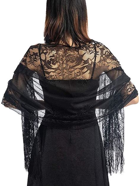 Ladiery Womens Floral Lace Scarf Shawl With Tassels Soft Mesh Fringe