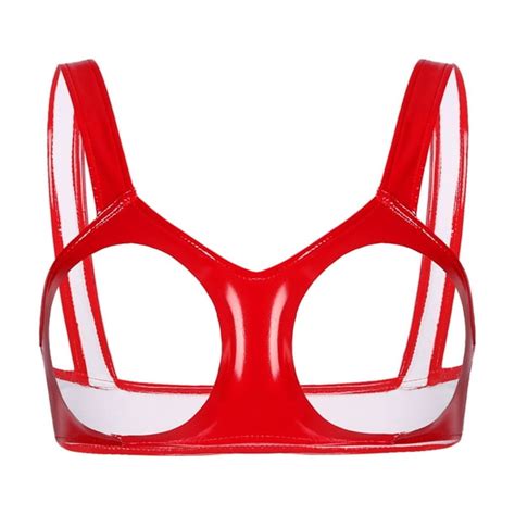 Womens Sexy Exposed Nipples Bra Top Hollow Out Lingerie Wet Look Faux Leather Sleeveless Open