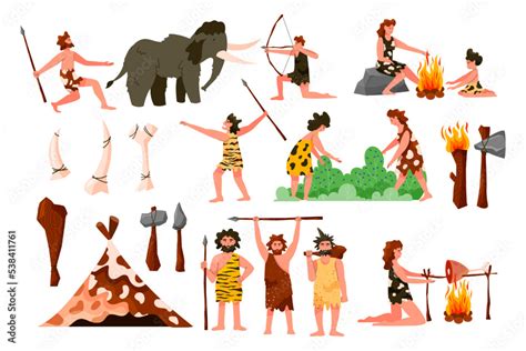 Vetor De Primitive Caveman Stone Age Animal Hunters Neolithic Cave