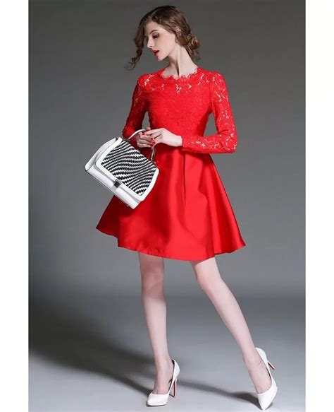 Little Red Short Dress With Lace Long Sleeves Gemgrace