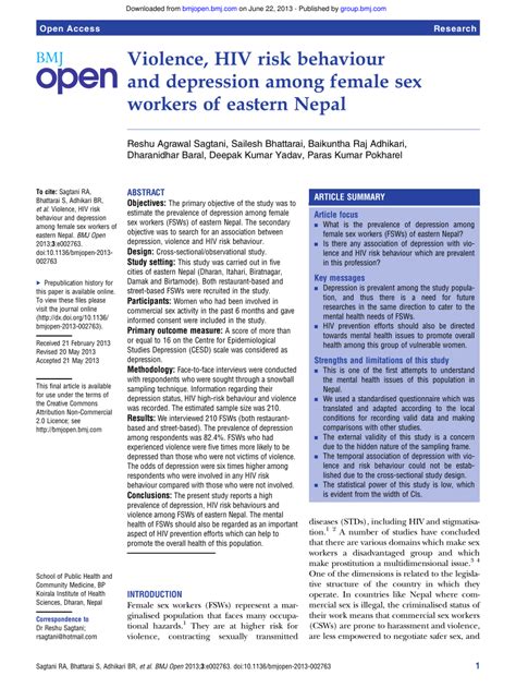 Pdf Violence Hiv Risk Behaviour And Depression Among Female Sex