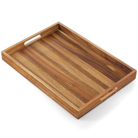 17 Inch Acacia Wood Serving Tray With Handles Large