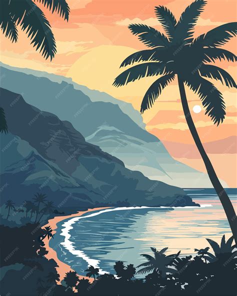 Premium Vector Tropical Beach With Palm Trees And Sunset Vector