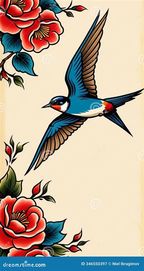 Colorful Swallow Tattoo Design With Vibrant Roses Stock Image Image