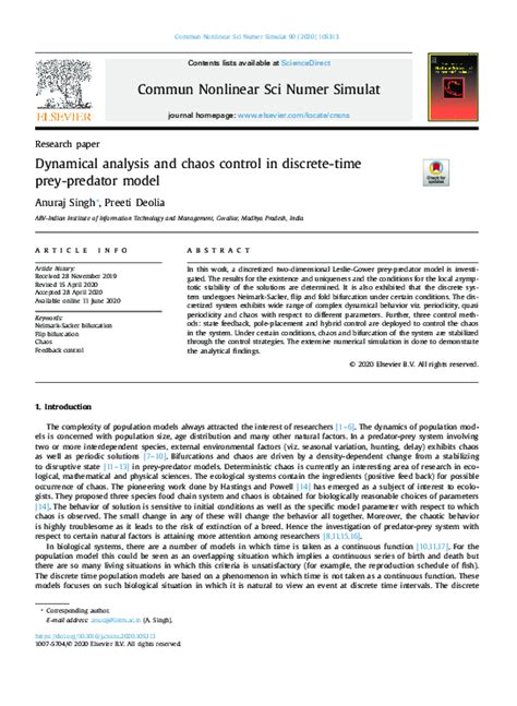 Pdf Dynamical Analysis And Chaos Control In Discrete Time Prey Predator Model
