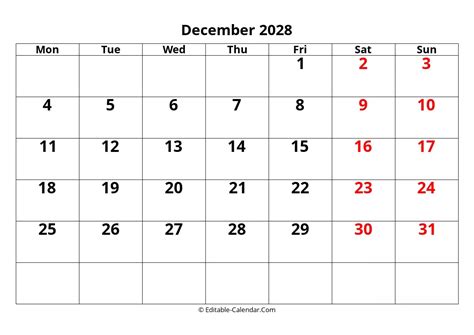Download Large Font December 2028 Calendar Editable Monday Start