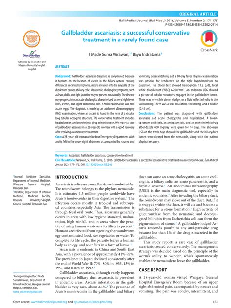 Pdf Gallbladder Ascariasis A Successful Conservative Treatment In A Rarely Found Case