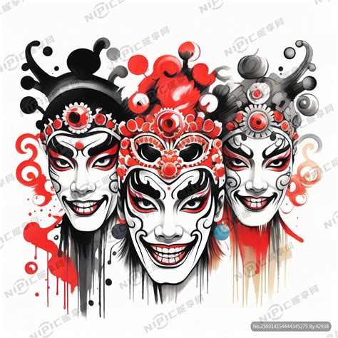 Ai创作图京剧生、旦、净、丑行当人物脸谱 绘制成四个国潮风格脸谱图片组合 每个任务脸谱在画面中竖版各占四分之一 每一个脸谱团填充满画面