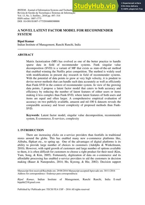A Novel Latent Factor Model For Recommender System Pdf