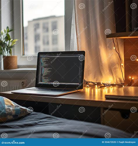 Laptop Coding At Night Cozy Home Office Setup Programmer Workspace