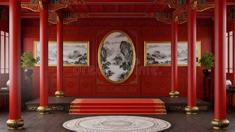 Traditional Chinese Interior Design With Red Pillars And Ornate Details