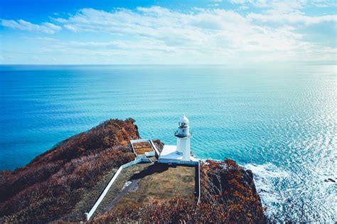 Mercusuar Dan Lautan Di Tanjung Chikyu Hokkaido Jepang Foto Stok