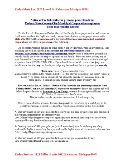 Notice Of Fee Schedule And Remedy For Personal Protection From Federal State County Municiple