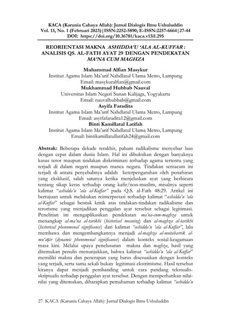 Pdf Reorientasi Makna Ashiddau ‘ala Al Kuffar Analisis Qs Al Fath Ayat 29 Dengan