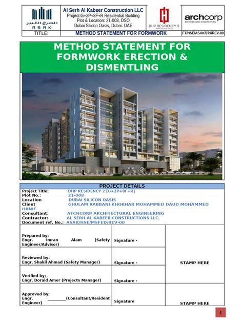 Formwork Method Statement For Dhp Residency Pdf Concrete Civil