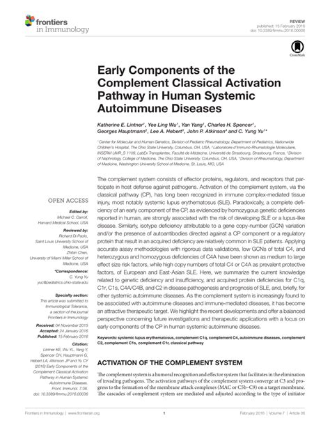 Pdf Early Components Of The Complement Classical Activation Pathway In Human Systemic