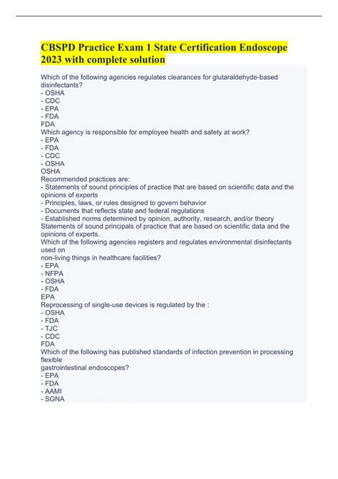 Cbspd Practice Exam 1 State Certification Endoscope 2023 With Complete
