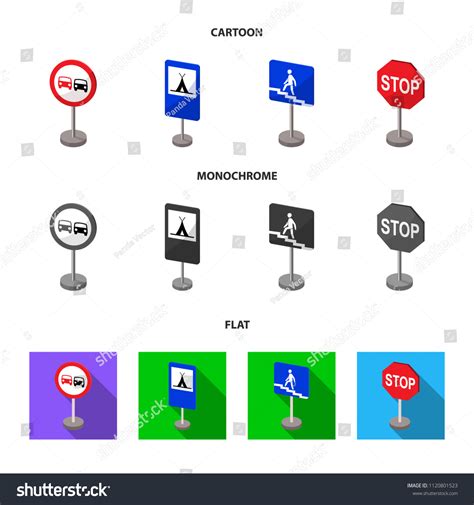 Different Types Road Signs Cartoonflatmonochrome Icons Vetor Stock
