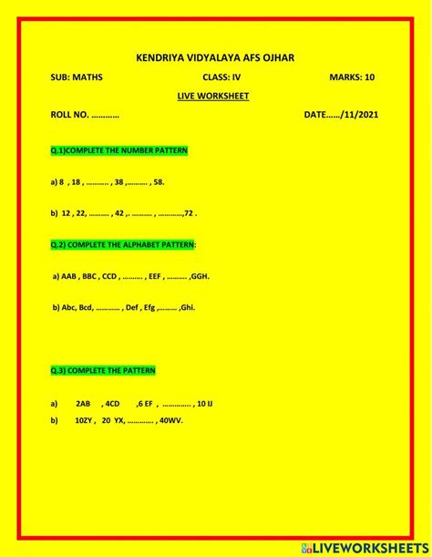 Pattern Exercise For 4 Live Worksheets
