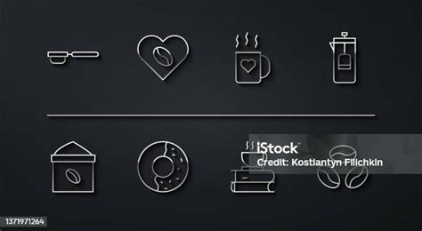 세트 라인 커피 필터 홀더 가방 커피 콩 프랑스 프레스 컵과 책 달콤한 유약 연인 심장 아이콘도넛 벡터 가방에 대한 스톡 벡터 아트 및 기타 이미지 Istock