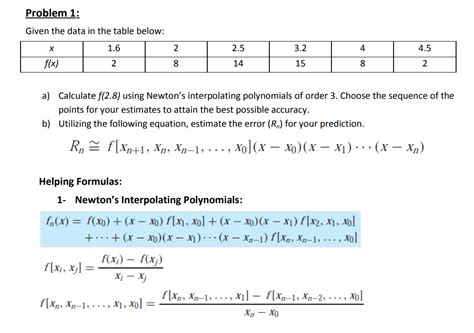 solved problem 1 given the data in the table below х 1 6 2