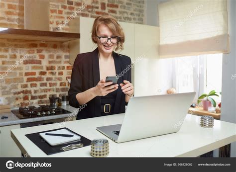 Blond Woman Glasses Works Remotely Her Kitchen Happy Girl Braces