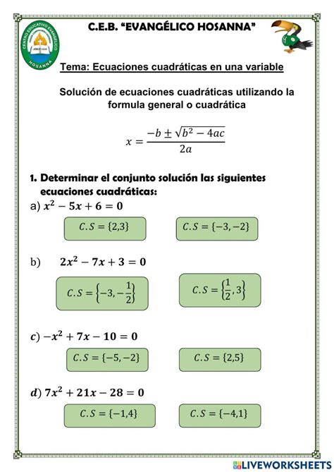 Hoja De Trabajo Para Resolver Ecuaciones Cuadráticas Mediante Fórmula Cuadrática