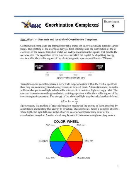 Experiment 9 Coordination Complexes