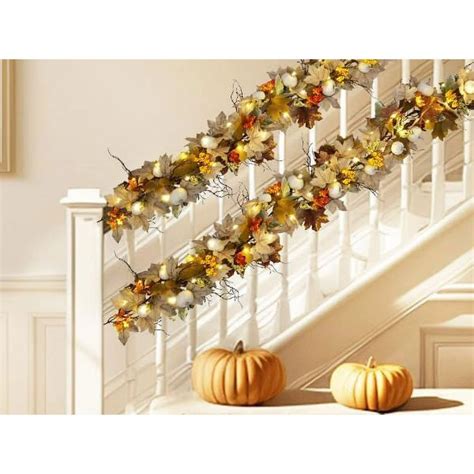 Waipfaru Lighted Fall Garland With Maple Leaves White Pumpkins Berry