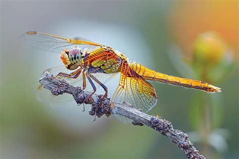 Premium Photo A Dragonfly With Orange Wings Sits On A Branch