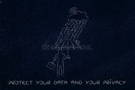 Man With Umbrella Under Binary Code Rain Data Breach Protection Stock
