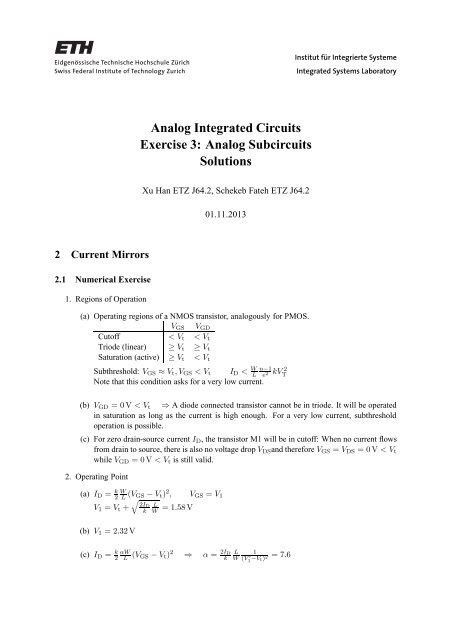 Analog Integrated Circuits Exercise 3 Integrated Systems Laboratory