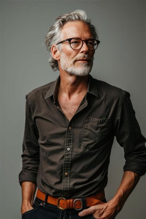 Premium Photo Handsome Older Male Model With Gray Hair And Glasses