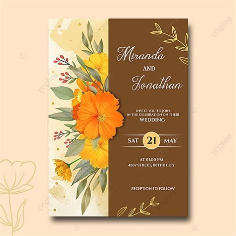 Elegant Brown Wedding Invitation Card Template With Flower Bouquet