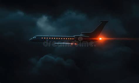 A Jet Plane Is Flying Through A Dark Sky With Clouds Stock Image