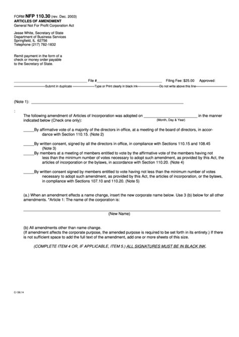 Fillable Form Nfp 11030 Articles Of Amendment General Not For