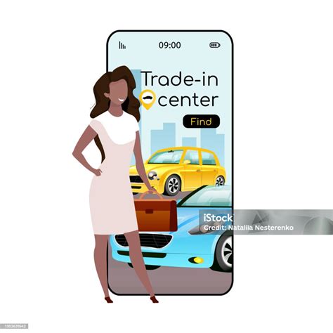 중앙 만화 스마트 폰 벡터 앱 화면에서 거래 플랫 캐릭터 디자인 모형과 휴대 전화 디스플레이 자동 대리점 자동차 교환 서비스 자동차 마켓플레이스 응용 프로그램 전화