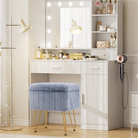 Ebern Designs Lumina Makeup Vanity Desk And Stool Set With Led Lighted