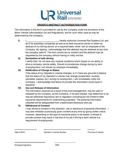 Driver Authorization Form For Rail Transportation Drivers Abstract