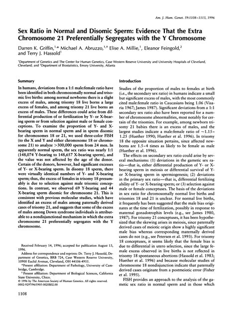 Sex Ratio In Normal And Disomic Sperm Evidence That The Extra