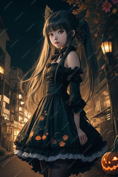 Premium Ai Image Urban Sorcery Anime Girl In Halloween Dress Amid