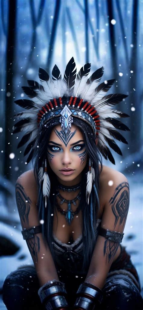 Native Tribal Warrior Woman Wallpaper Winter Forest With Feathers